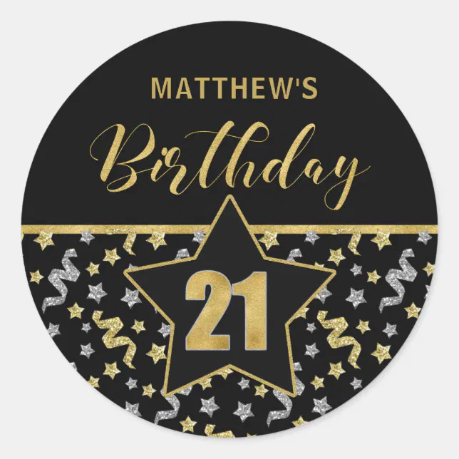 Twenty First Birthday Black and Gold Confetti Classic Round Sticker ...