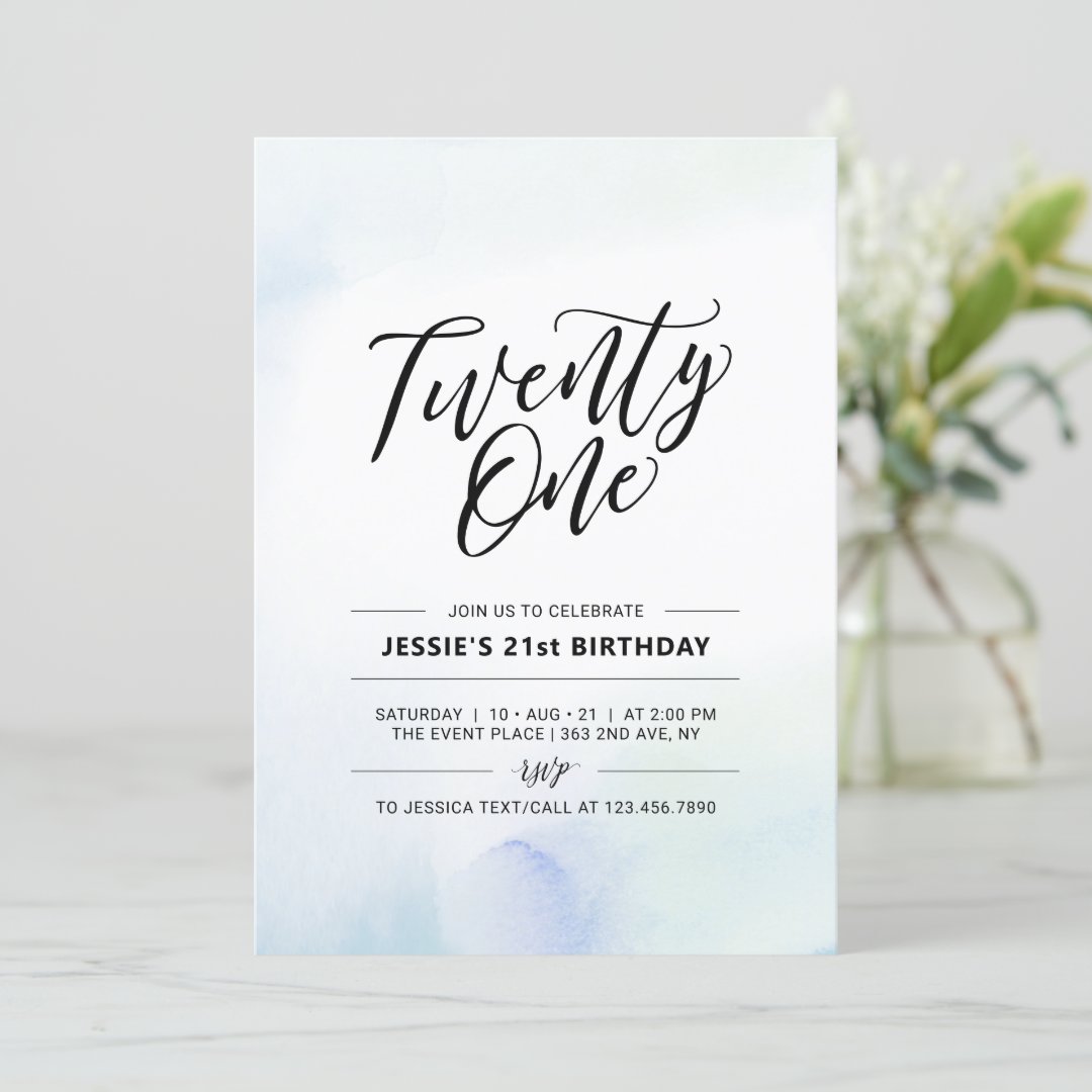 Twenty One Blue Watercolor 21st Birthday Invitation | Zazzle