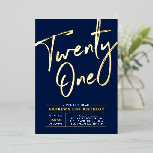 Twenty One Lettering Navy blue 21st Birthday Party Foil Invitation | Zazzle