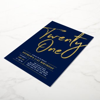 Twenty One Lettering Navy blue 21st Birthday Party Foil Invitation | Zazzle