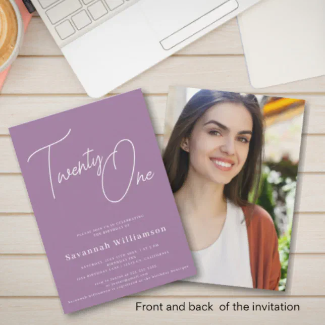 Twenty one purple birthday photo invitation | Zazzle