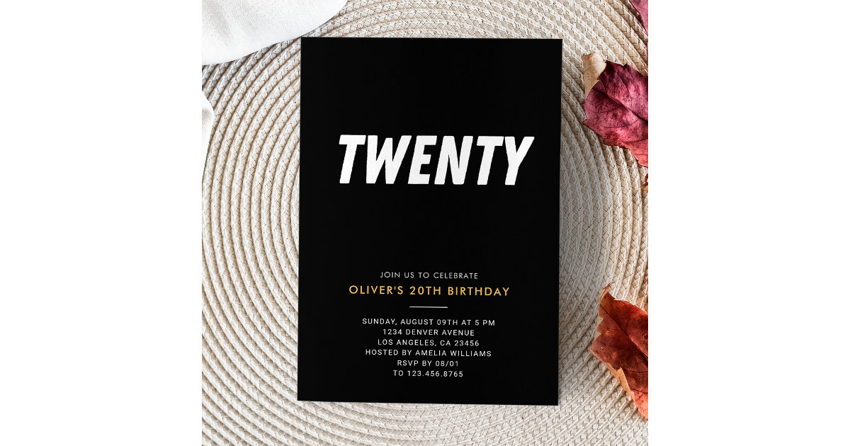 Twenty | Simple Black & Gold 20th Birthday Party Invitation | Zazzle