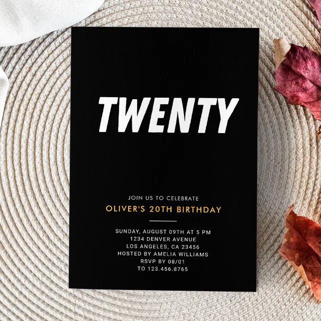 Twenty | Simple Black & Gold 20th Birthday Party Invitation | Zazzle