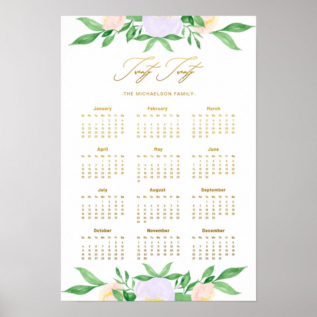 Twenty Twenty Floral and Name Faux Gold Calendar Poster | Zazzle