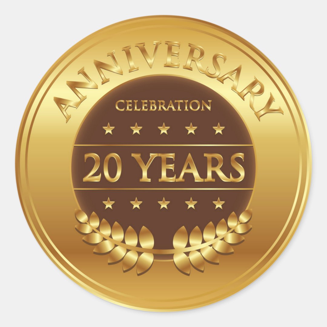 Twenty Years Anniversary Celebration Gold Medal Classic Round Sticker ...