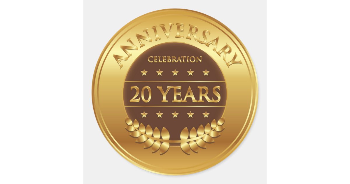 Twenty Years Anniversary Celebration Gold Medal Classic Round Sticker ...