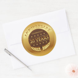 Twenty Years Anniversary Celebration Gold Medal Classic Round Sticker ...