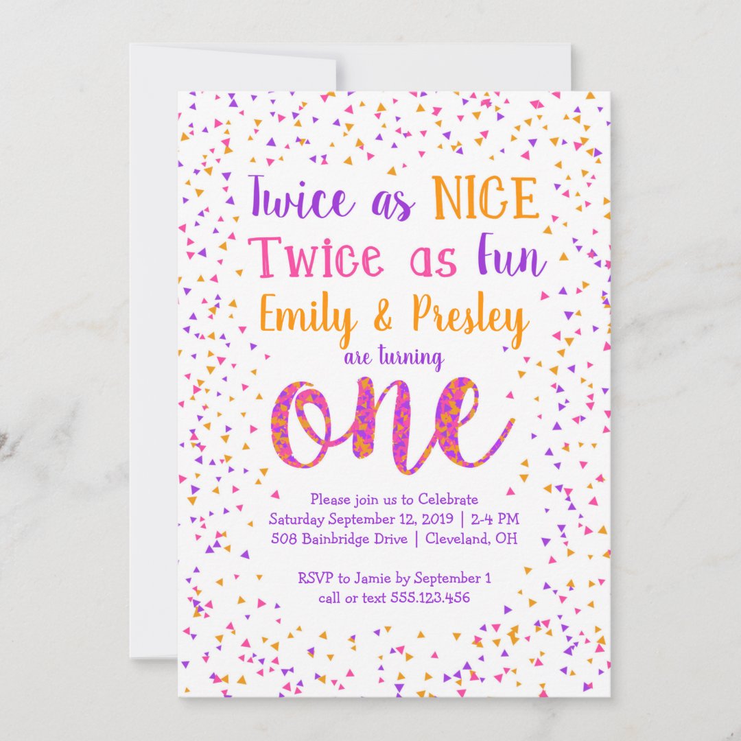 Twice as Nice Confetti Twin Girls First Birthday Invitation | Zazzle