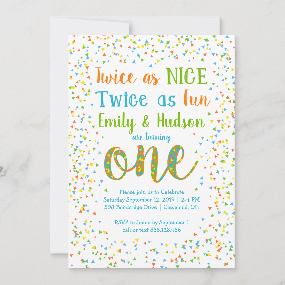 Twice as Nice Confetti Twins First Birthday Invitation | Zazzle