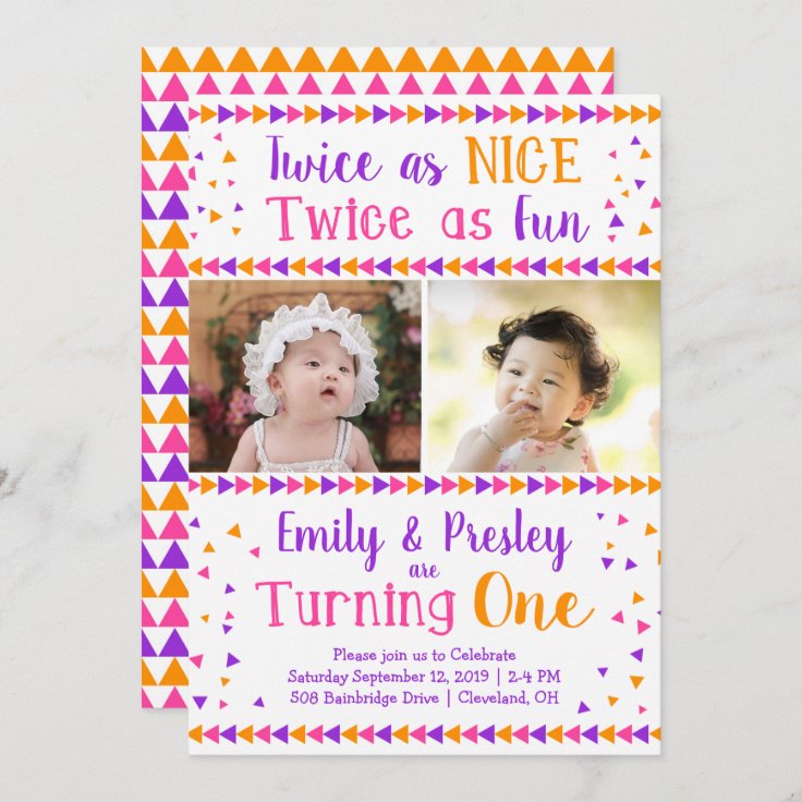 Twice as Nice Twin Girls First Birthday Invitation | Zazzle