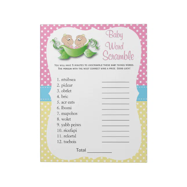 Twin Baby Girl - Two Peas In A Pod Word Game Notepad | Zazzle