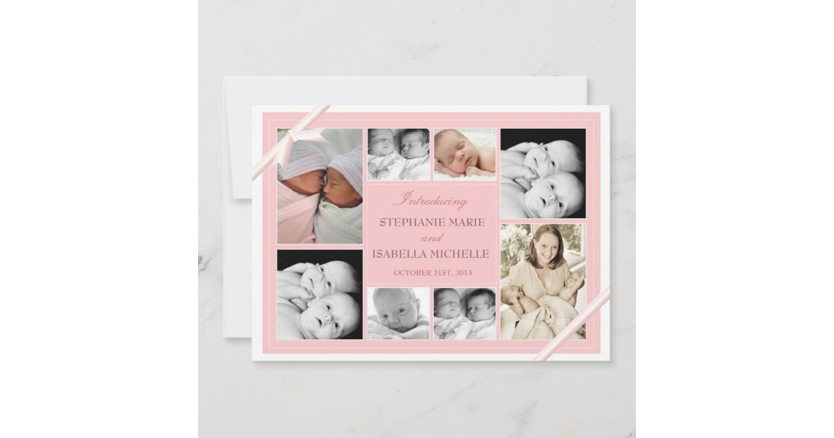 Twin Baby Photo Collage Baby Announcement | Pink | Zazzle