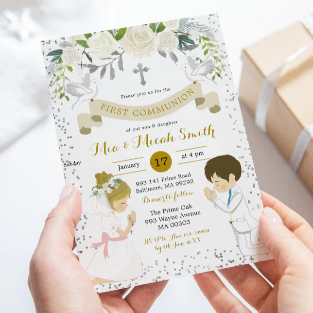 Twin Boy and Blonde Girl Kneeling First Communion Invitation | Zazzle