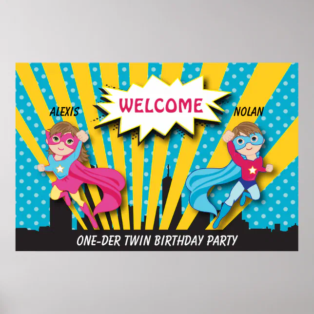 Twin Boy Girl Superhero Birthday Poster | Zazzle