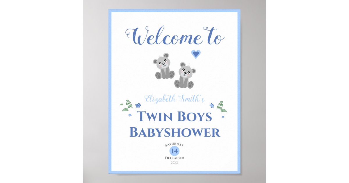 Twin boys baby bears baby shower welcome sign | Zazzle