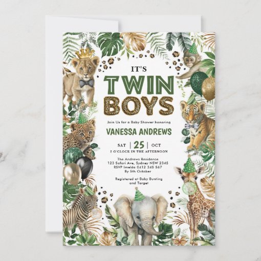 Twin Boys Jungle Safari Wild Animals Baby Shower Invitation | Zazzle
