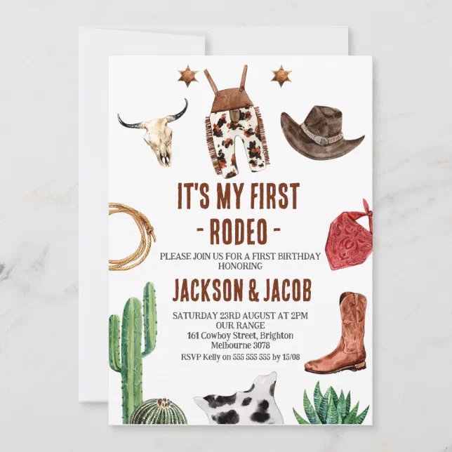 Twin Boys My First Rodeo Cowboy 1st Birthday Invitation | Zazzle