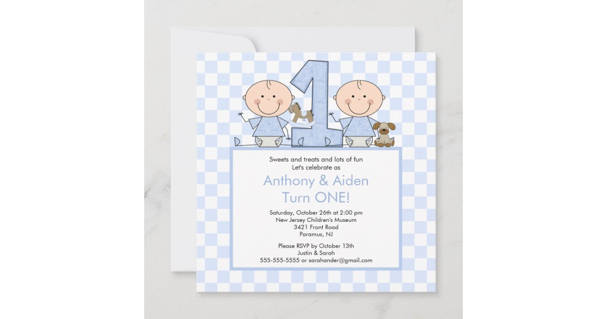 Twin Boys Stick Figure Twins Birthday Invitation | Zazzle