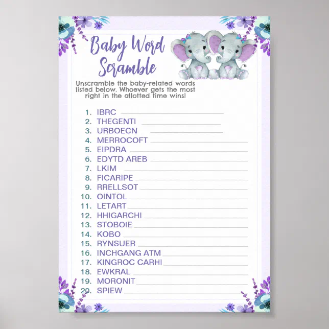 Twin Elephants Word Scramble Baby Shower Game Poster | Zazzle