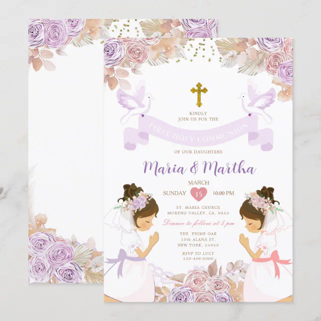 TWIN Girl First Holy Communion Purple Pink Floral Invitation | Zazzle