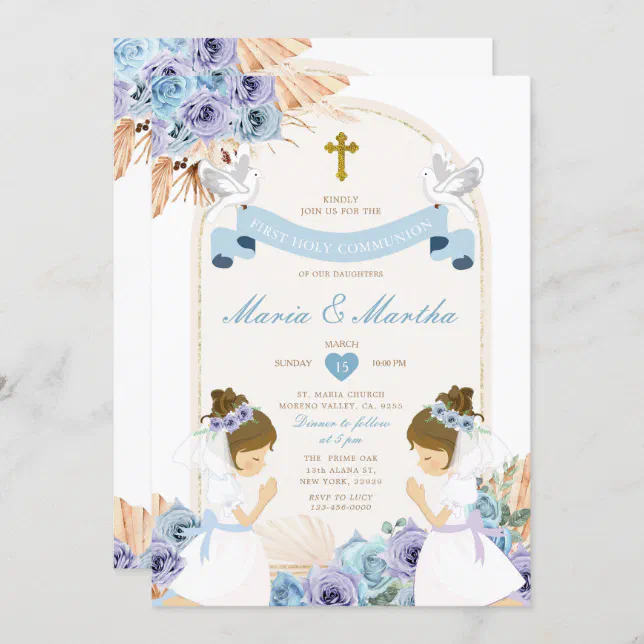 TWIN Girl Praying First Holy Communion Blue Floral Invitation | Zazzle