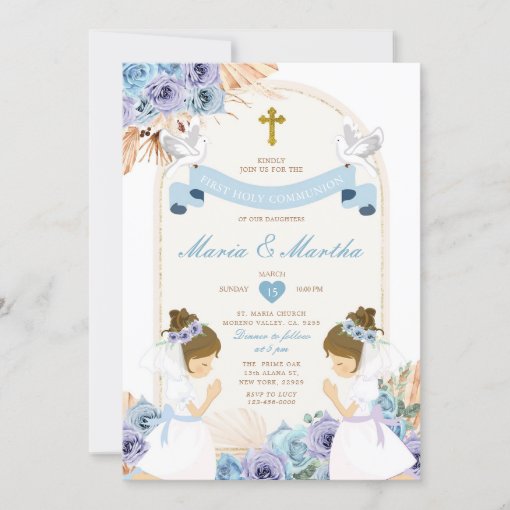 TWIN Girl Praying First Holy Communion Blue Floral Invitation | Zazzle