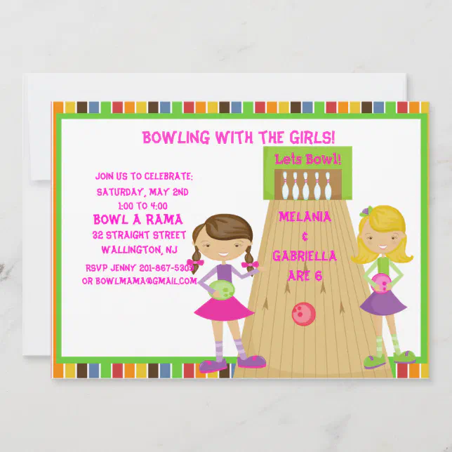 Twin Girls Bowling Birthday Party Invitation | Zazzle