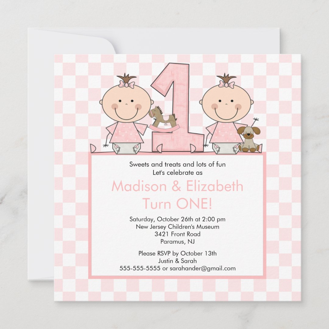 Twin Girls Stick Figure Twins Birthday Invitation | Zazzle