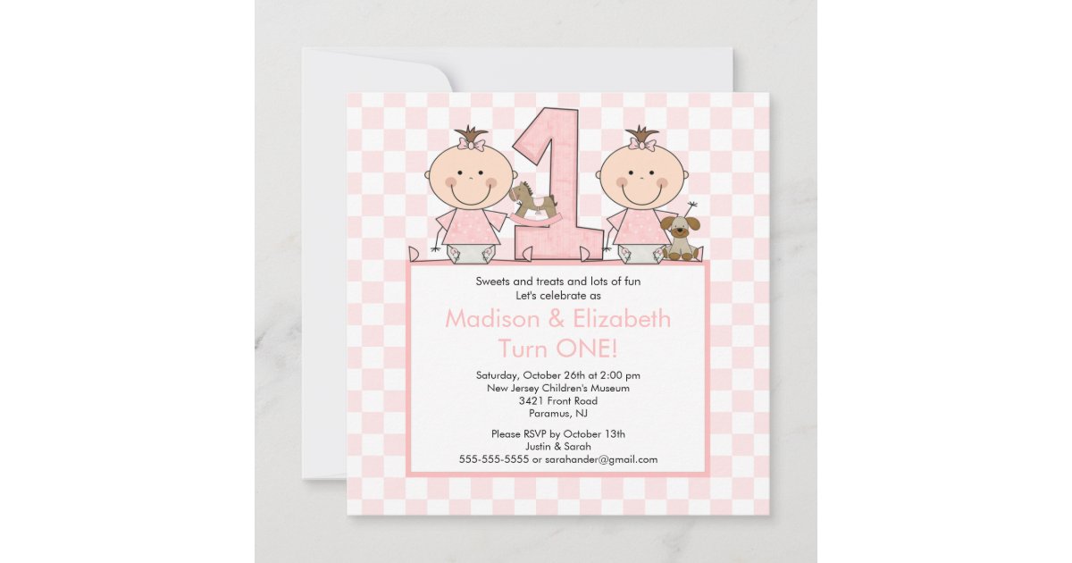 Twin Girls Stick Figure Twins Birthday Invitation | Zazzle