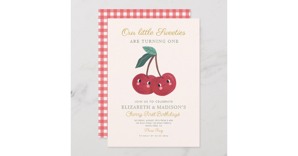 Twin little sweeties Cherry First Birthday Invitation | Zazzle