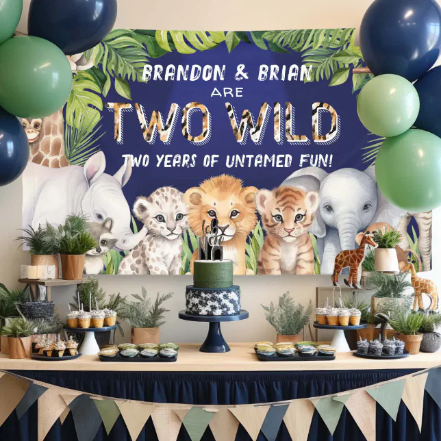 Twin Navy Blue Two Wild Safari Themed backdrop Banner | Zazzle