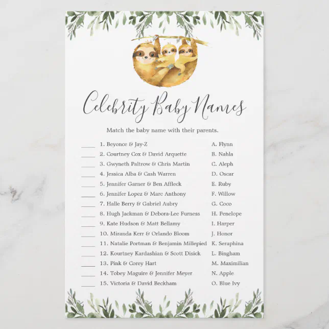 Twin Sloths Baby Shower Celebrity Baby Names Game | Zazzle