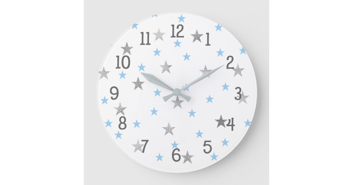 Twinkle Baby Nursery Decor, blue silver stars Large Clock | Zazzle