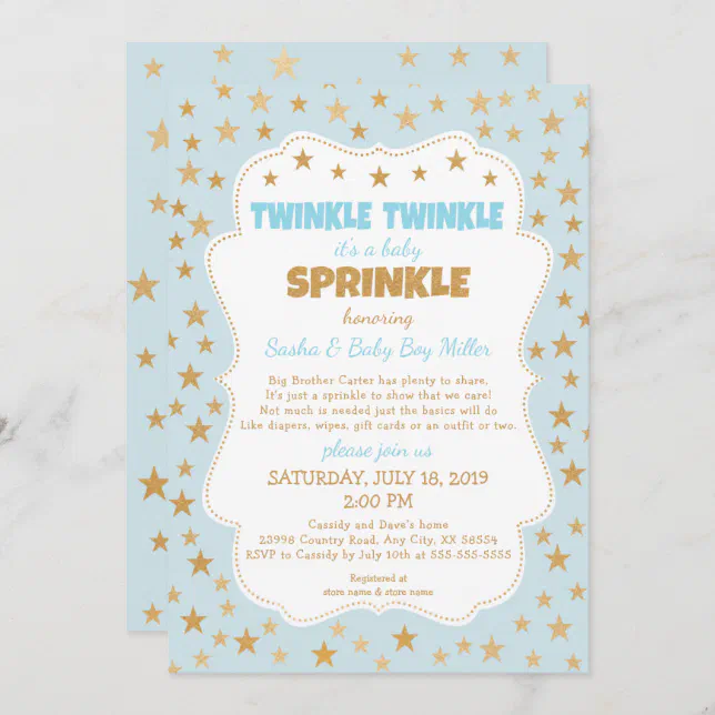 Twinkle Baby Sprinkle blue gold stars invitations | Zazzle
