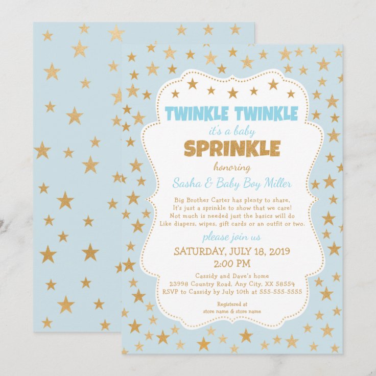 Twinkle Baby Sprinkle blue gold stars invitations | Zazzle