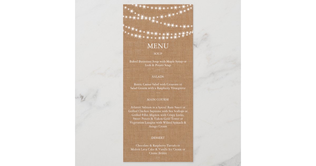 Twinkle LIghts Menu on Burlap | Zazzle