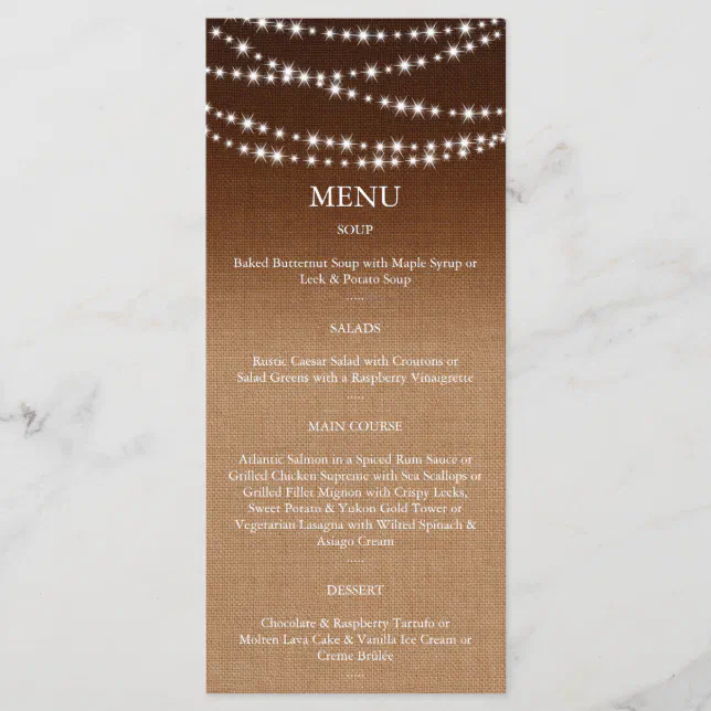 Twinkle LIghts Menu on Shaded Burlap | Zazzle