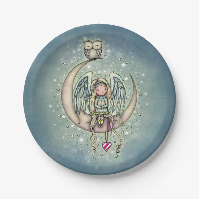 Twinkle Little Angel and Owl Illustrated Art Paper Plates | Zazzle