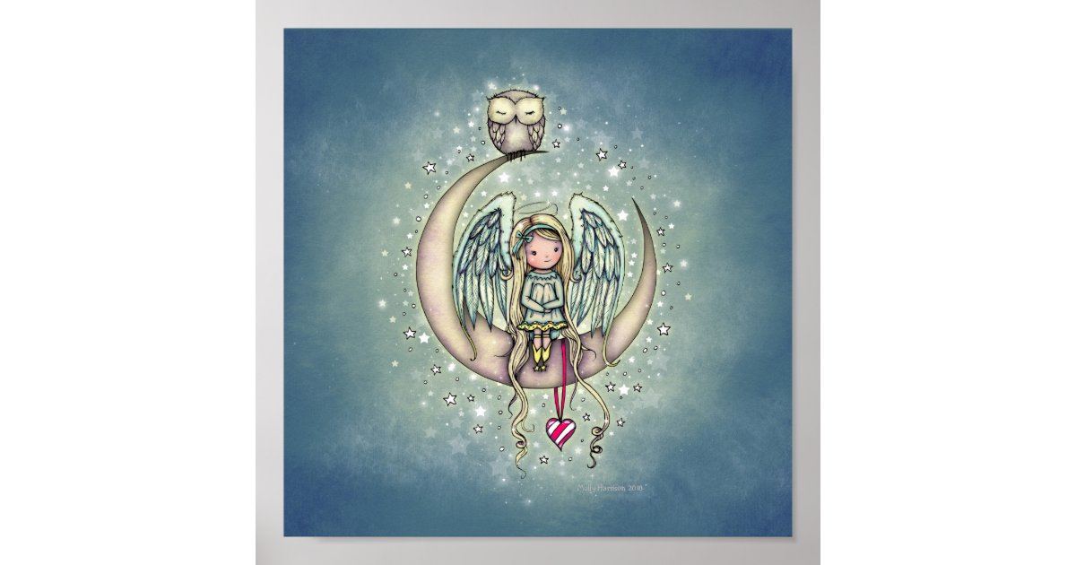 Twinkle Little Angel and Owl Illustrated Art Poster | Zazzle