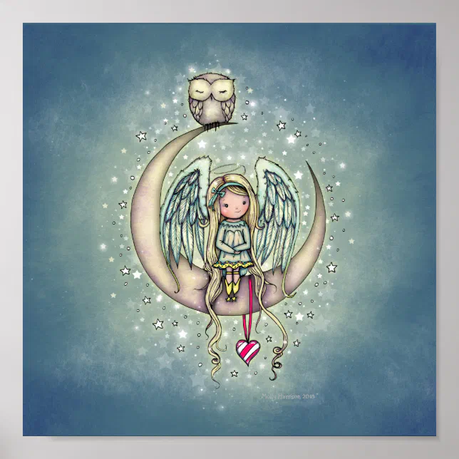 Twinkle Little Angel and Owl Illustrated Art Poster | Zazzle
