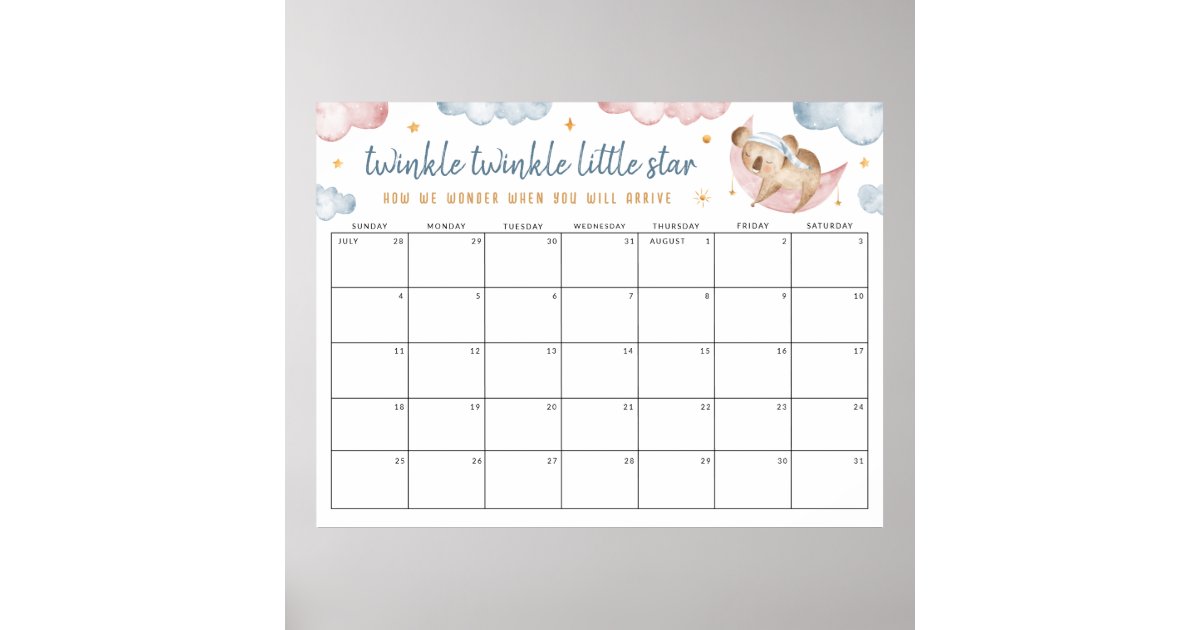Twinkle Little Star Gender Reveal Guess the date Poster | Zazzle