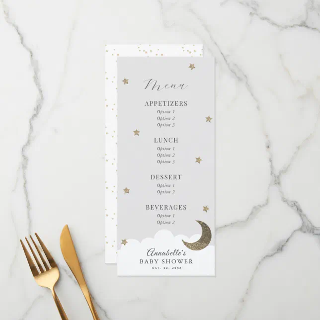 Twinkle Little Star Moon Gray Baby Shower Menu | Zazzle
