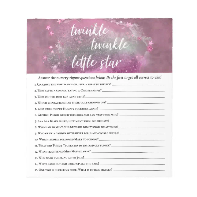Twinkle Little Star | Pink Gray Nursery Rhyme Quiz Notepad | Zazzle
