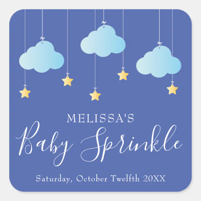 Twinkle sprinkle little star baby shower blue square sticker | Zazzle