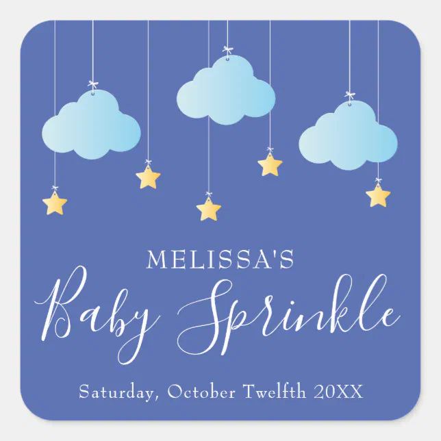 Twinkle sprinkle little star baby shower blue square sticker | Zazzle
