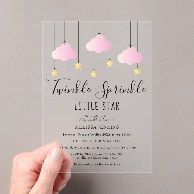 Twinkle Sprinkle Little Star Pink Girl Baby Shower Acrylic Invitations | Zazzle