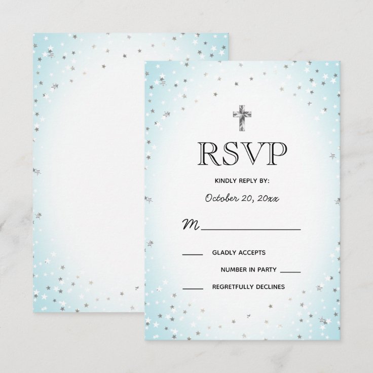 Twinkle Stars and Cross Blue Baby Boy Baptism RSVP Invitation | Zazzle