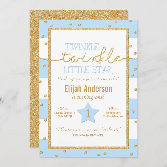 Twinkle Twinkle Blue and Gold Birthday Invitation | Zazzle