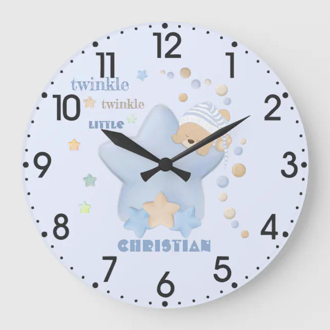 Twinkle Twinkle Little Star Baby Boy Teddy Bear Large Clock | Zazzle