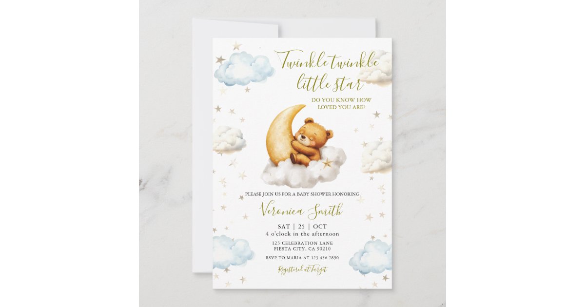 Twinkle Twinkle Little Star Moon Bear Baby Shower Invitation | Zazzle